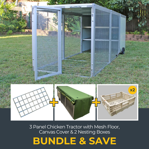 3-Panel Chicken Tractor + Mesh Floor + Canvas Cover + 2 Nesting Boxes