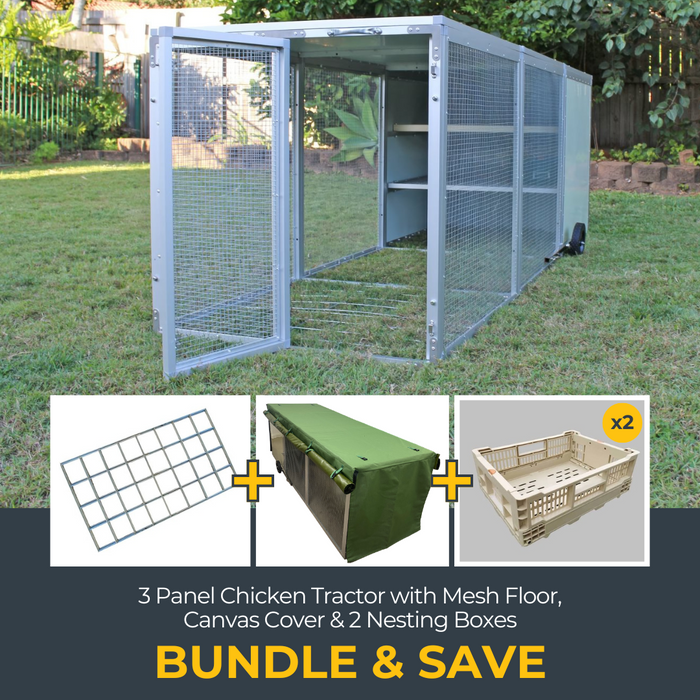 3-Panel Chicken Tractor + Mesh Floor + Canvas Cover + 2 Nesting Boxes